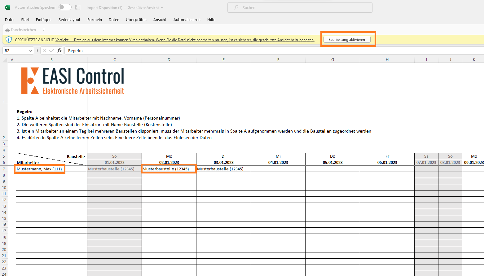 Einsatzplanung Importieren mit Excel – EASI Control